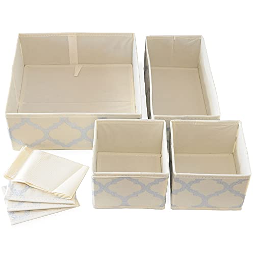 Set of 4 Organizer Bins with Dividers for Closet Dresser Drawer Inserts Bathroom Dorm or Baby Nursery; Store Socks Underwear Clothes; Clothing Organization; (Set of 4, Yellow-tinted Beige)