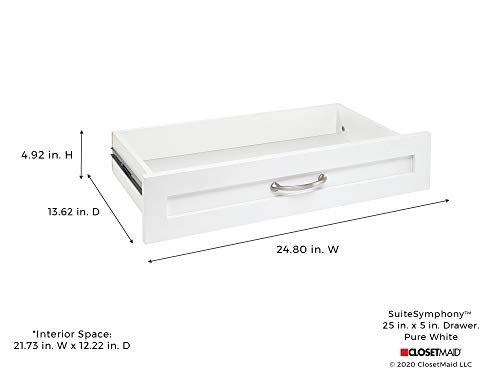 ClosetMaid SuiteSymphony Wood Closet Drawer, Add On Accessory, Shaker Style, For Storage, Closet, Clothes, 25” x 5” Size for 25 in. Units, Pure White/Satin Nickel