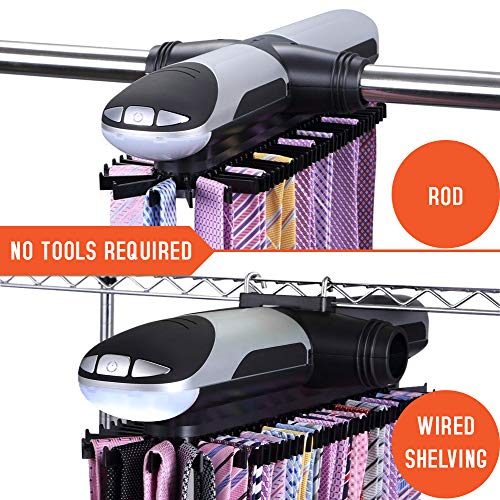 Primode Motorized Tie Rack Closet Organizer with LED Lights, Bonus Stainless Steel Tie Clip Set, Includes J Hooks for Wired Shelving Stores Up To 72 Ties with 8 Belts, Rotation Operates With Batteries