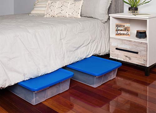 HOMZ Plastic Underbed Storage, with Lid, 28 Quart, Clear, Stackable, 8-Pack, Blue 3228CLBLDC.08