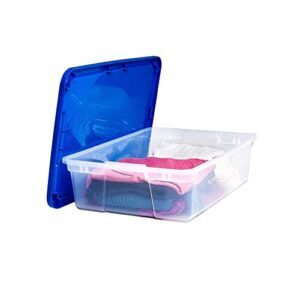 HOMZ Plastic Underbed Storage, with Lid, 28 Quart, Clear, Stackable, 8-Pack, Blue 3228CLBLDC.08