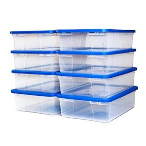 HOMZ Plastic Underbed Storage, with Lid, 28 Quart, Clear, Stackable, 8-Pack, Blue 3228CLBLDC.08