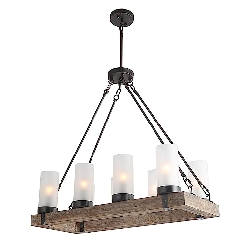 LNC Farmhouse Wood Chandelier Rustic Rectangular Light Fixture with Frosted Glass Shade for Kitchen Island, Dining & Living Room and Bedroom,Large,Black