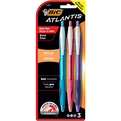 BIC Atlantis Bold Retractable Fashion Ballpoint Pen, Bold Point (1.6mm), Black, Comfortable Rubber Grip, 3-Count