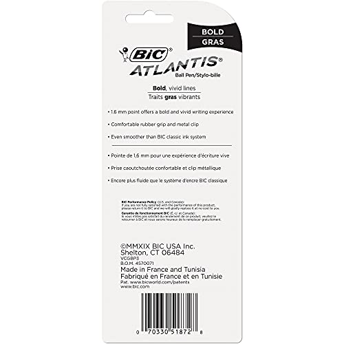 BIC Atlantis Bold Retractable Ball Pen, Bold Point (1.6mm), Blue, 3-Count