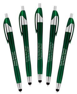 personalized writing ink ballpoint novelty pens, custom printed with your logo & text"click to write - click for stylus tip!" works with android, iphone, ipads (pack of 70 pens - green barrels)