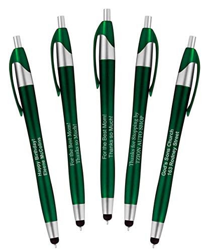 Personalized Writing Ink Ballpoint Novelty Pens, Custom Printed with Your Logo & Text"Click to Write - Click for Stylus Tip!" Works with Android, iPhone, iPads (Pack of 70 Pens - Green Barrels)