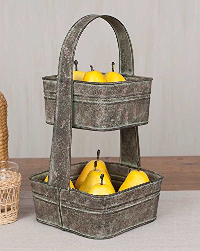 CTW Home Collection Two Tier Square Tote Metal Fruit Bowl Kitchen Supplies, 7.5" x 7.5" x 13.5", Gray