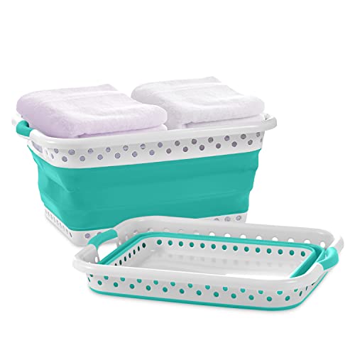 Pop & Load Collapse & Store 1 Large 25" Slim Collapsible Plastic Laundry Basket, Space Saving Portable Pop Up Storage & Organization Basket, 3" High When Folded, Dual Comfort Grip Handles, Teal