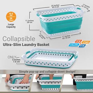 Pop & Load Collapse & Store 1 Large 25" Slim Collapsible Plastic Laundry Basket, Space Saving Portable Pop Up Storage & Organization Basket, 3" High When Folded, Dual Comfort Grip Handles, Teal