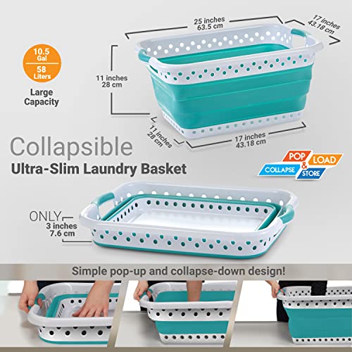 Pop & Load Collapse & Store 1 Large 25" Slim Collapsible Plastic Laundry Basket, Space Saving Portable Pop Up Storage & Organization Basket, 3" High When Folded, Dual Comfort Grip Handles, Teal