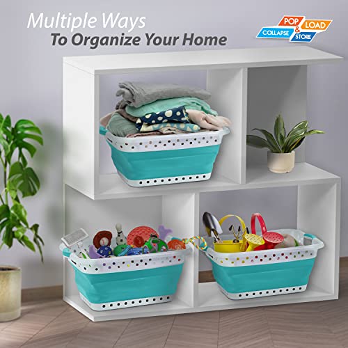 Pop & Load Collapse & Store 1 Large 25" Slim Collapsible Plastic Laundry Basket, Space Saving Portable Pop Up Storage & Organization Basket, 3" High When Folded, Dual Comfort Grip Handles, Teal