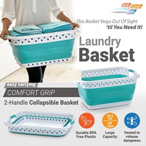 Pop & Load Collapse & Store 1 Large 25" Slim Collapsible Plastic Laundry Basket, Space Saving Portable Pop Up Storage & Organization Basket, 3" High When Folded, Dual Comfort Grip Handles, Teal