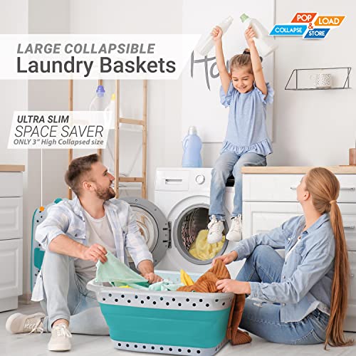 Pop & Load Collapse & Store 1 Large 25" Slim Collapsible Plastic Laundry Basket, Space Saving Portable Pop Up Storage & Organization Basket, 3" High When Folded, Dual Comfort Grip Handles, Teal