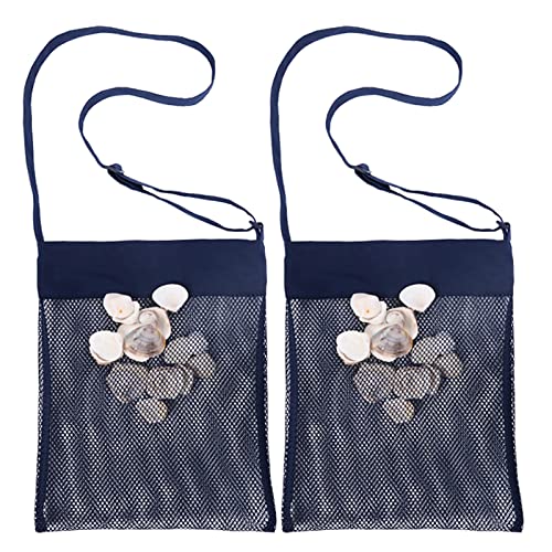 RIMOBUL Sand Away Beach Treasures Seashell Pocket Mesh Bags - Set of 2 (Large) (Navy Blue)