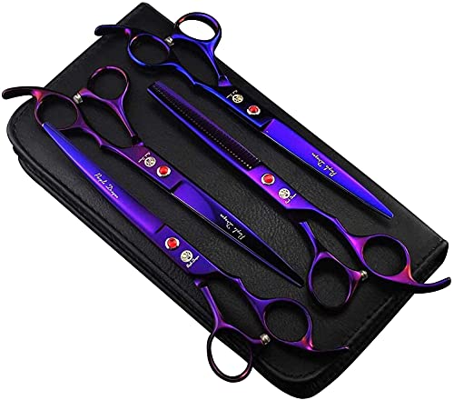 Purple Dragon Professional 7.0 inch 4PCS Pet Grooming Scissors Kit Japan Premium Steel Straight & Curved & Thinning Blade Dog Hair Cutting Shears Set with Case