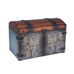 household essentials vintage wood storage trunk, large, blue body/brown lid/floral design