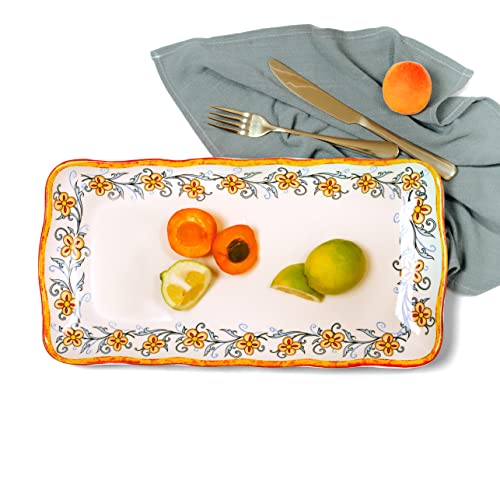 Euro Ceramica Duomo Collection Italian-Inspired 16.8" Rectuangular Ceramic Serving Tray with Organic Edges, Floral Design, Multicolor