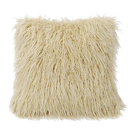 HiEnd Accents Mongolian Sheep Lamb Faux Fur Fluffy Throw Pillow, 18x18 inch, Cream Solid Color, Soft Cozy Fuzzy Luxury Decorative Accent Pillow, Modern Rustic Style