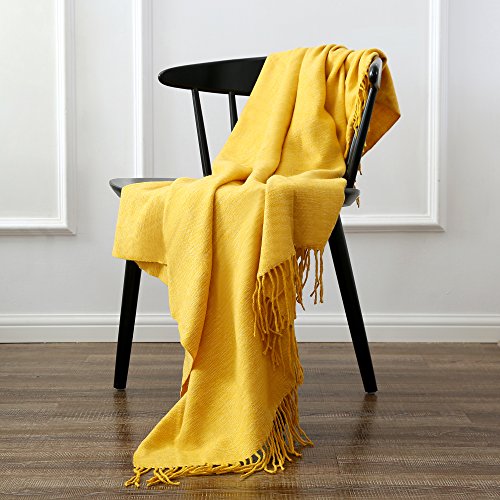 Solid Soft Yellow Throw Blanket with Fringe Tassel - 50" x 60", Light Yellow Throw Blanket, Mustard Yellow Throw for Couch and Bed, Autumn & Fall Patio Throw Blanket, Perfect for Outdoor and Indoor