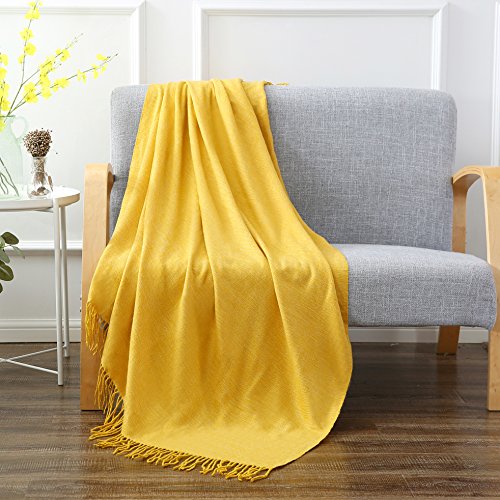 Solid Soft Yellow Throw Blanket with Fringe Tassel - 50" x 60", Light Yellow Throw Blanket, Mustard Yellow Throw for Couch and Bed, Autumn & Fall Patio Throw Blanket, Perfect for Outdoor and Indoor