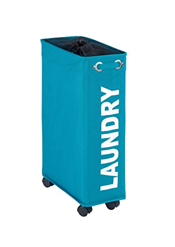 WENKO Corno Slim Laundry Basket with Wheels, Thin Laundry Hamper, Rolling Laundry Bin with Lid, Space Saving Narrow Laundry Hamper for dirty Clothes Storage, 23.6 x 15.7 x 7.3 inch, Petrol