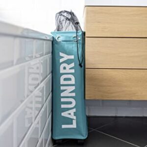 WENKO Corno Slim Laundry Basket with Wheels, Thin Laundry Hamper, Rolling Laundry Bin with Lid, Space Saving Narrow Laundry Hamper for dirty Clothes Storage, 23.6 x 15.7 x 7.3 inch, Petrol