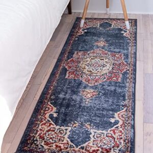 Unique Loom Utopia Collection Traditional Classic Vintage Inspired Area Rug with Warm Hues, 2' x 6' 1" Runner, Dark Blue/Beige