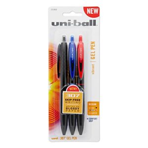 uni-ball 307 retractable gel pens, medium point (0.7mm), assorted colors, 3 count