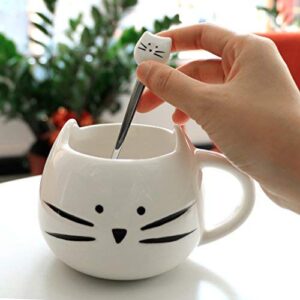 Asmwo Little Cute Ceramic Stainless Steel Cat Spoon Set Black and White Color for Cat Mug Demitasse for Stirring Tea Coffee Espresso Sugar Dessert Funny Spoons,5.7-Inch Pack of 2 Valentine's Day Gifts