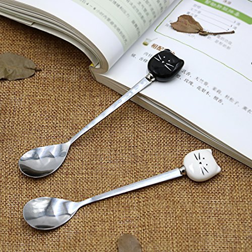 Asmwo Little Cute Ceramic Stainless Steel Cat Spoon Set Black and White Color for Cat Mug Demitasse for Stirring Tea Coffee Espresso Sugar Dessert Funny Spoons,5.7-Inch Pack of 2 Valentine's Day Gifts