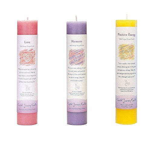 Crystal Journey Attract Love Reiki Charged Herbal Magic Pillar Candle with Inspirational Labels - Bundle of 3(Love, Harmony, Positive Energy) Each 7"x1.5"