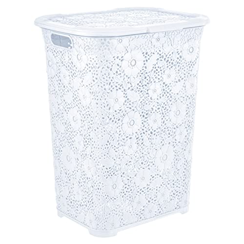 Superio Laundry Hamper with Lid White, 50 Liter Large Lace Hamper Basket, Dirty Cloths Storage with Cutout Handles, for Landry Room, Bedroom, and Bathroom