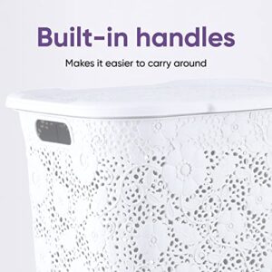 Superio Laundry Hamper with Lid White, 50 Liter Large Lace Hamper Basket, Dirty Cloths Storage with Cutout Handles, for Landry Room, Bedroom, and Bathroom