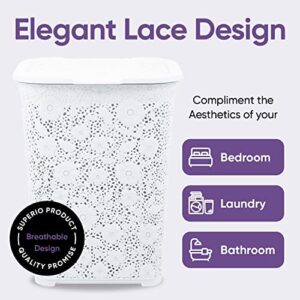 Superio Laundry Hamper with Lid White, 50 Liter Large Lace Hamper Basket, Dirty Cloths Storage with Cutout Handles, for Landry Room, Bedroom, and Bathroom