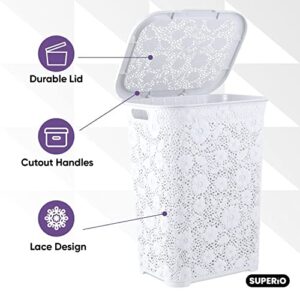 Superio Laundry Hamper with Lid White, 50 Liter Large Lace Hamper Basket, Dirty Cloths Storage with Cutout Handles, for Landry Room, Bedroom, and Bathroom