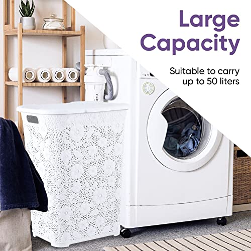 Superio Laundry Hamper with Lid White, 50 Liter Large Lace Hamper Basket, Dirty Cloths Storage with Cutout Handles, for Landry Room, Bedroom, and Bathroom