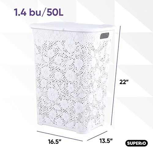 Superio Laundry Hamper with Lid White, 50 Liter Large Lace Hamper Basket, Dirty Cloths Storage with Cutout Handles, for Landry Room, Bedroom, and Bathroom