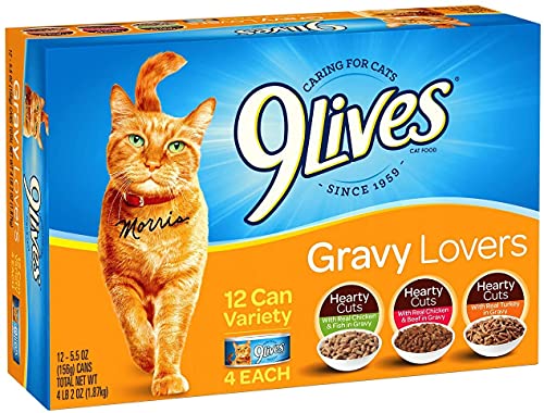 9Lives Hearty Cuts Gravy Favorites Wet Cat Food Variety Pack, 5.5-Ounce Cans (Pack of 12) 4 each: Real Chicken & Fish In Gravy, Real Veal In Gravy, Real Beef & Chicken In Gravy