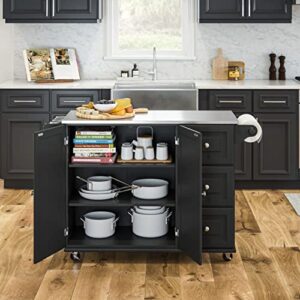 Homestyles Kitchen Cart with Stainless Steel Metal Top, Rolling Mobile Kitchen Island with Storage and Towel Rack, 54 Inch Width, Black