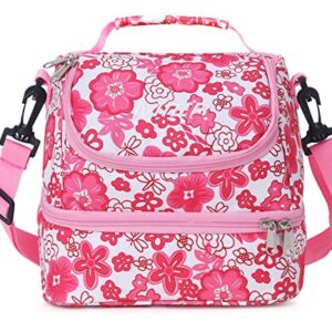 MIER 2 Compartment Kids Small Lunch Box Bag for Boys Girls Toddlers, Adult Leakproof Cooler Insulated Lunch Tote with Shoulder Strap (Pink Flower)