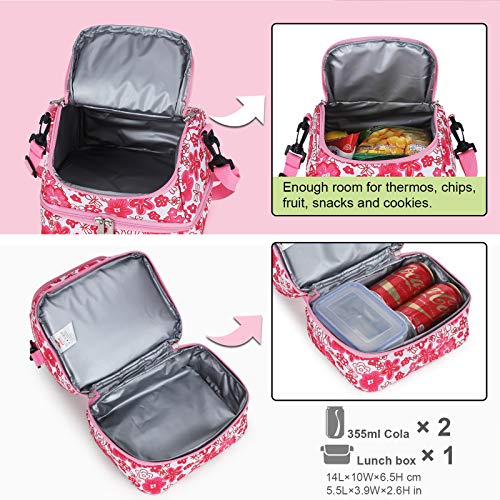 MIER 2 Compartment Kids Small Lunch Box Bag for Boys Girls Toddlers, Adult Leakproof Cooler Insulated Lunch Tote with Shoulder Strap (Pink Flower)