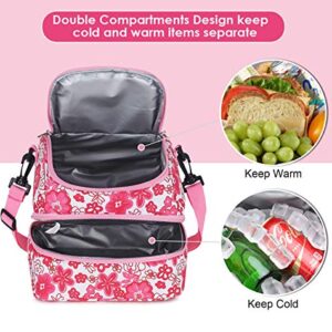 MIER 2 Compartment Kids Small Lunch Box Bag for Boys Girls Toddlers, Adult Leakproof Cooler Insulated Lunch Tote with Shoulder Strap (Pink Flower)