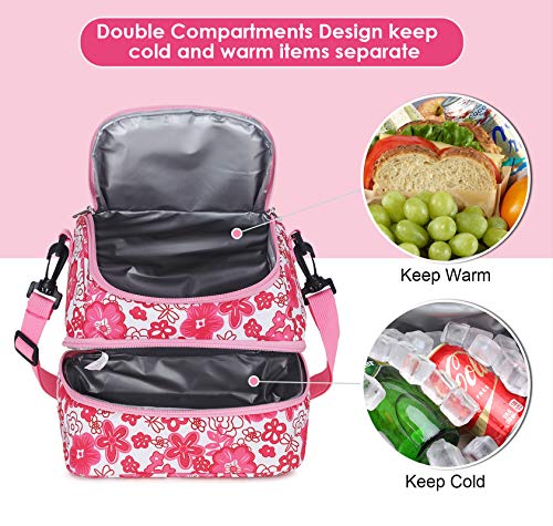 MIER 2 Compartment Kids Small Lunch Box Bag for Boys Girls Toddlers, Adult Leakproof Cooler Insulated Lunch Tote with Shoulder Strap (Pink Flower)