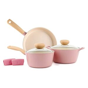 neoflam retro 5-piece ceramic nonstick cookware set, pfoa free pots and pans with integrated steam vent lid knob prevents boil over and heat resistant silicone grips for safer cooking at kitchen, pink