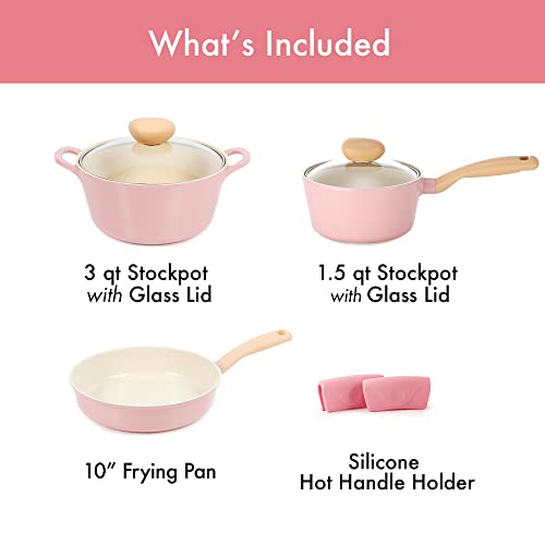 Neoflam Retro 5-Piece Ceramic Nonstick Cookware Set, PFOA Free Pots and Pans with Integrated Steam Vent Lid knob prevents boil over and Heat Resistant Silicone Grips for safer cooking at kitchen, Pink