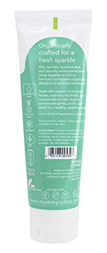 RADIUS USDA Organic Toothpaste 3oz Non Toxic Chemical-Free Gluten-Free Designed to Improve Gum Health & Prevent Cavity - Mint Aloe Neem - Pack of 1