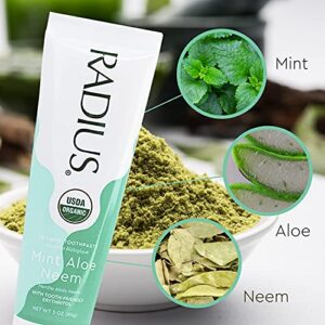 RADIUS USDA Organic Toothpaste 3oz Non Toxic Chemical-Free Gluten-Free Designed to Improve Gum Health & Prevent Cavity - Mint Aloe Neem - Pack of 1