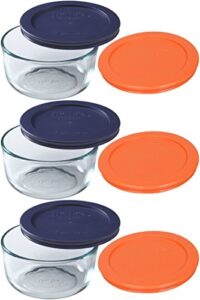 pyrex storage 2 cup clear round dish, pack of 3 containers with 2 color lids