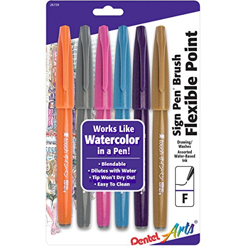 Pentel Arts Sign Pen Touch, Fude Brush Tip, Fashion Colors, Pack of 6 (SES15CBP6M1)